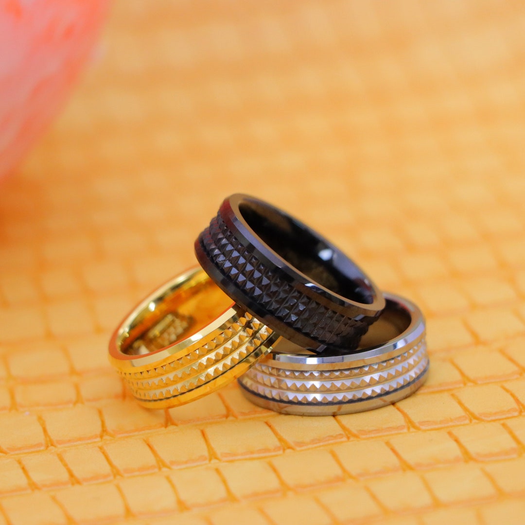 Men's Tungsten Band, Diamond Cut Jagged Center Pattern Ring, Engraved ...