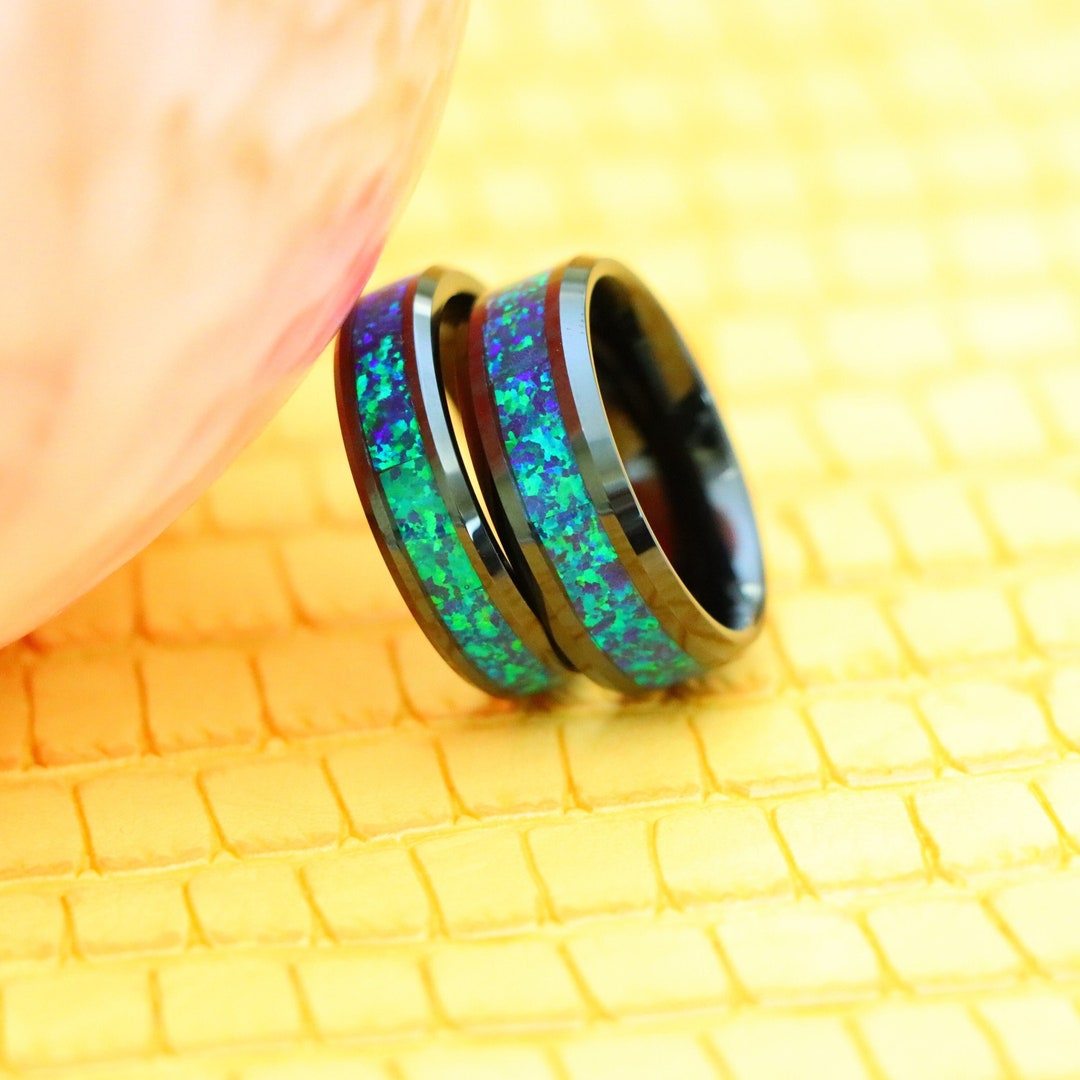 Blue Fire Opal Inlay Engagement Ring for Men & Women, 8mm/6mm,promise ...