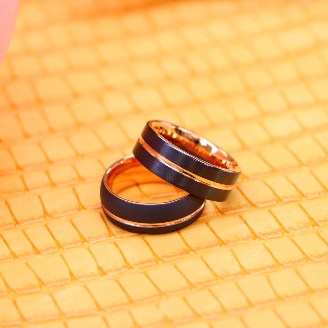 Black Tungsten Ring, Rose Gold Inside Ring, Brushed Ring, Rose Gold ...