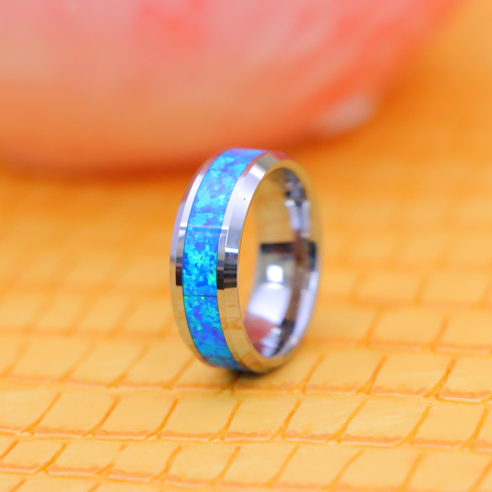 Laser Engraving Wedding Ring, Blue Opal Tungsten Ring, Wedding Ring ...
