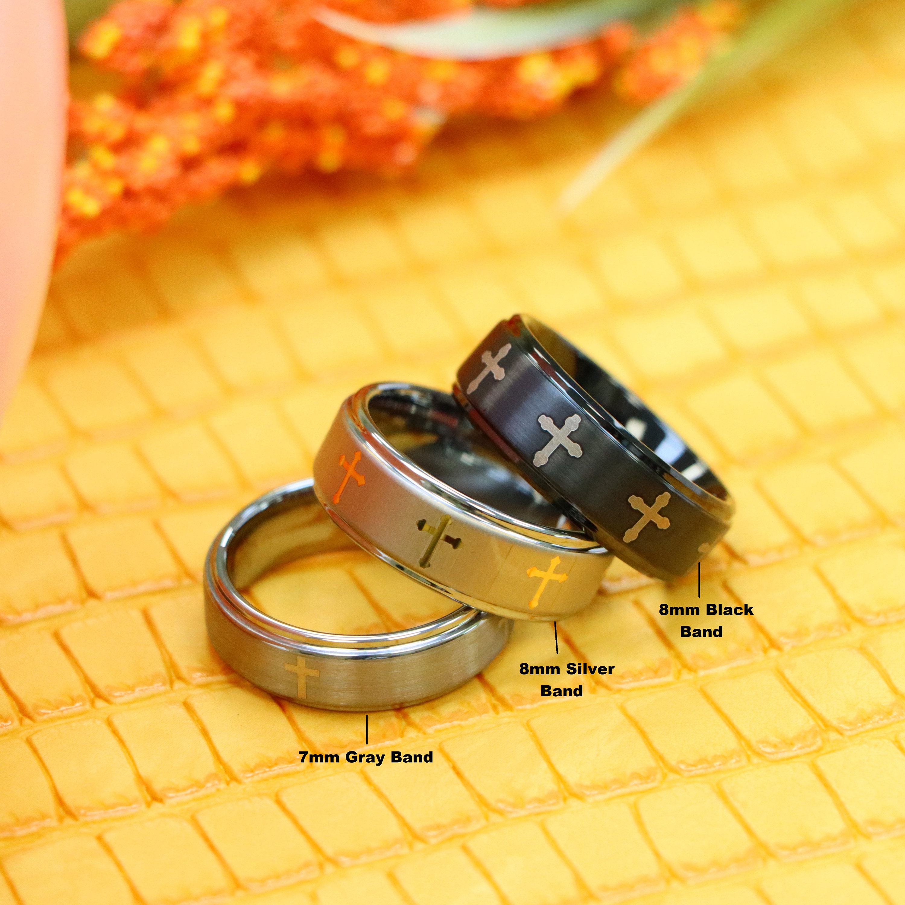 Mens Silver With Gold Crosses Wedding Band, Men's Black With Engraved ...