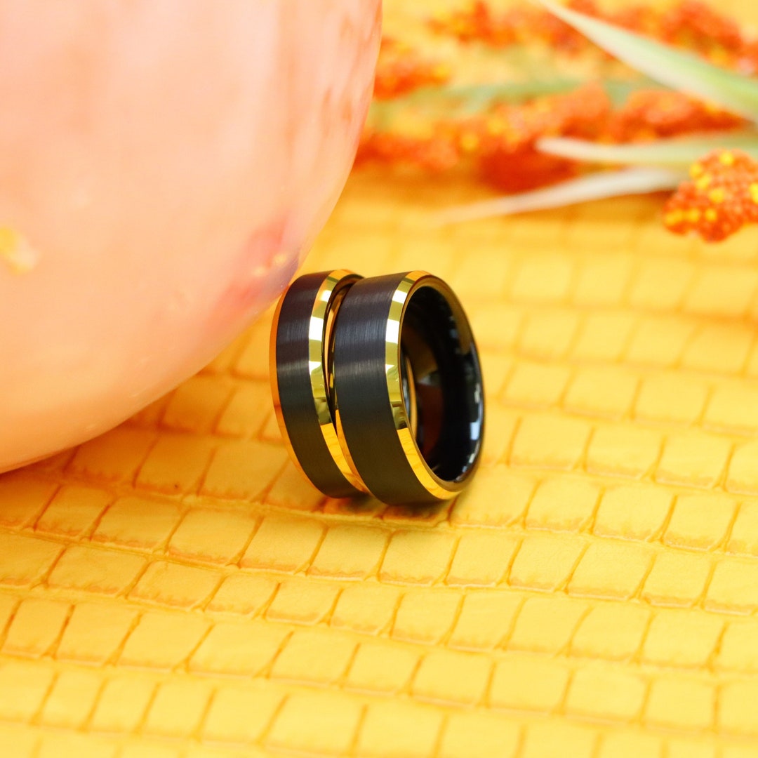Black Tungsten Couple's Matching Wedding Band, Yellow Gold Tungsten ...