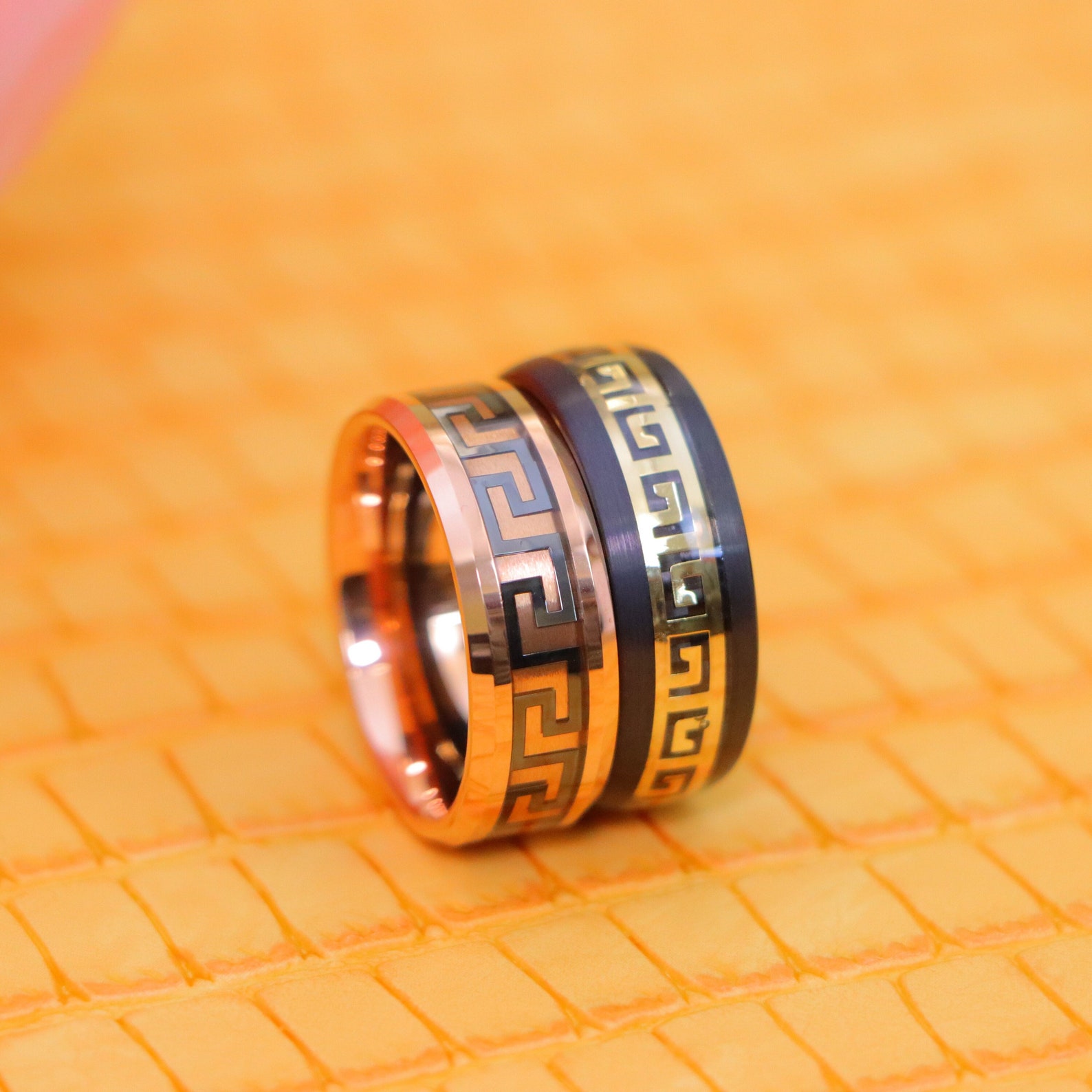 Men's Tungsten Wedding Bands, Greek Key Rose Gold Engagement Ring, 8mm ...