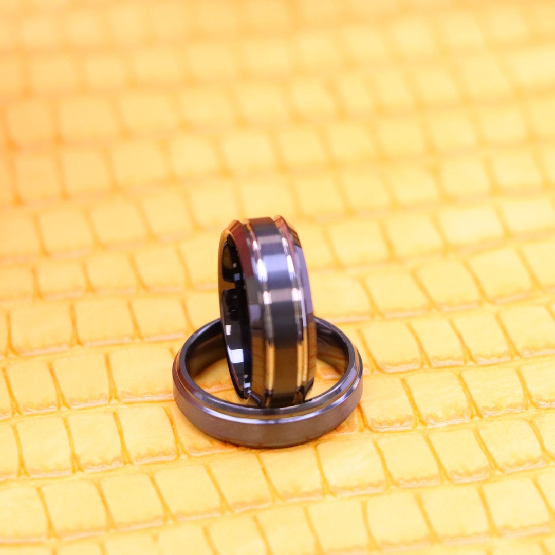 Men's Proposal Ring, Stepped Edges Tungsten Band, Black Tungsten ...
