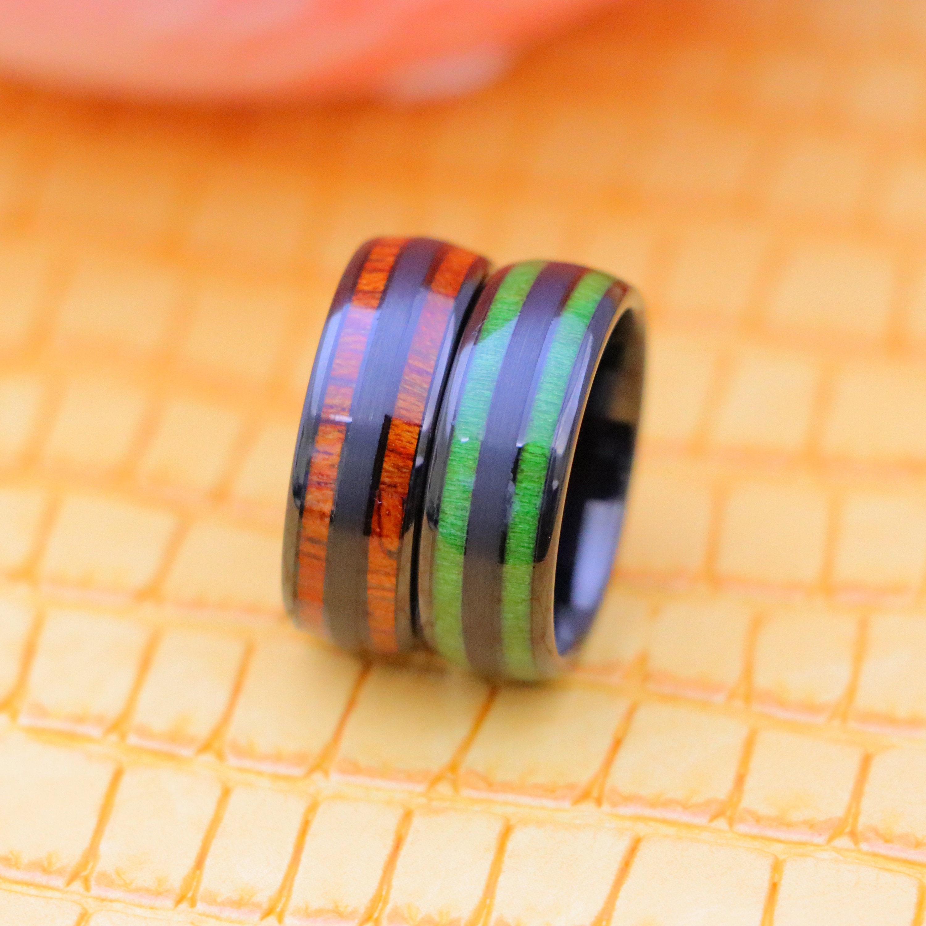 Men’s Wedding Band, Exotic Green Wood Inlay Ring, Dome Wedding Band ...