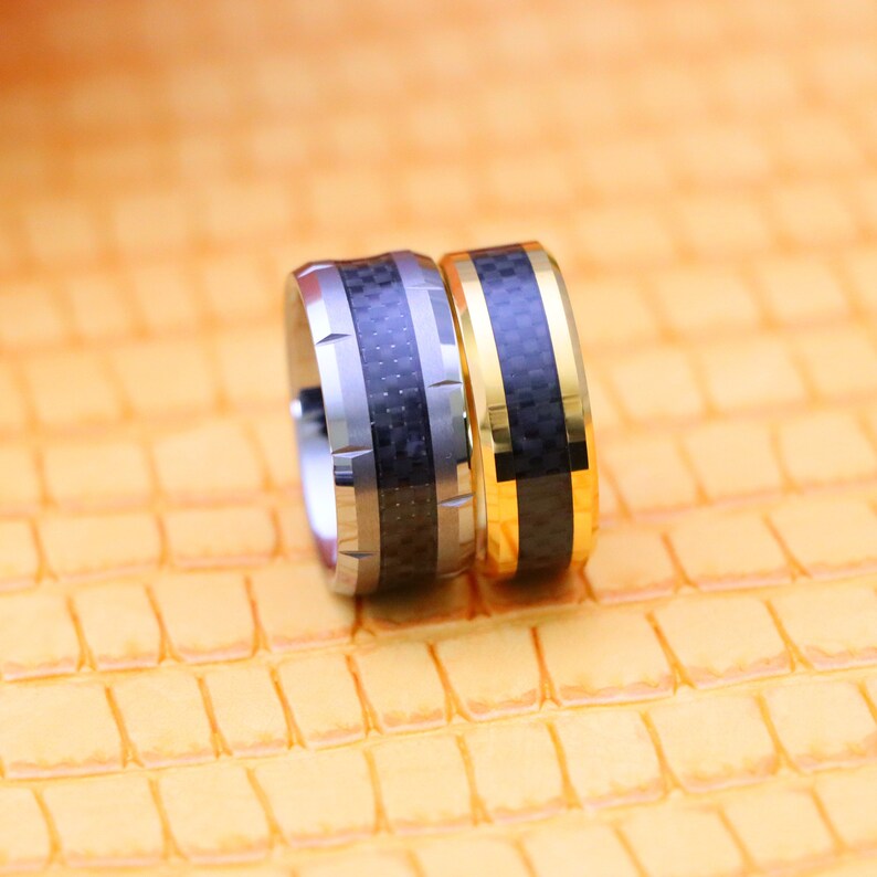 Engraved Wedding Date Ring, 10mm Black Carbon Fiber Tungsten Ring, Unique Yellow Gold Men's ...