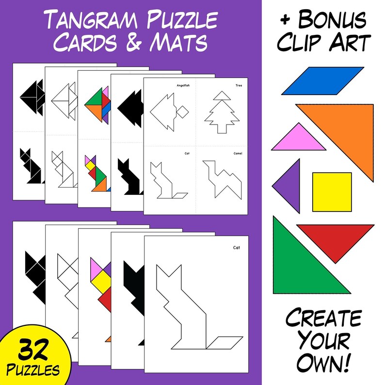 Printable Tangram Puzzle Mats & Task Cards + Bonus Clip Art - Etsy