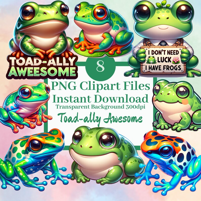 Toad-ally Awesome Frogs Set of 8 Clipart PNG Files Transparent ...