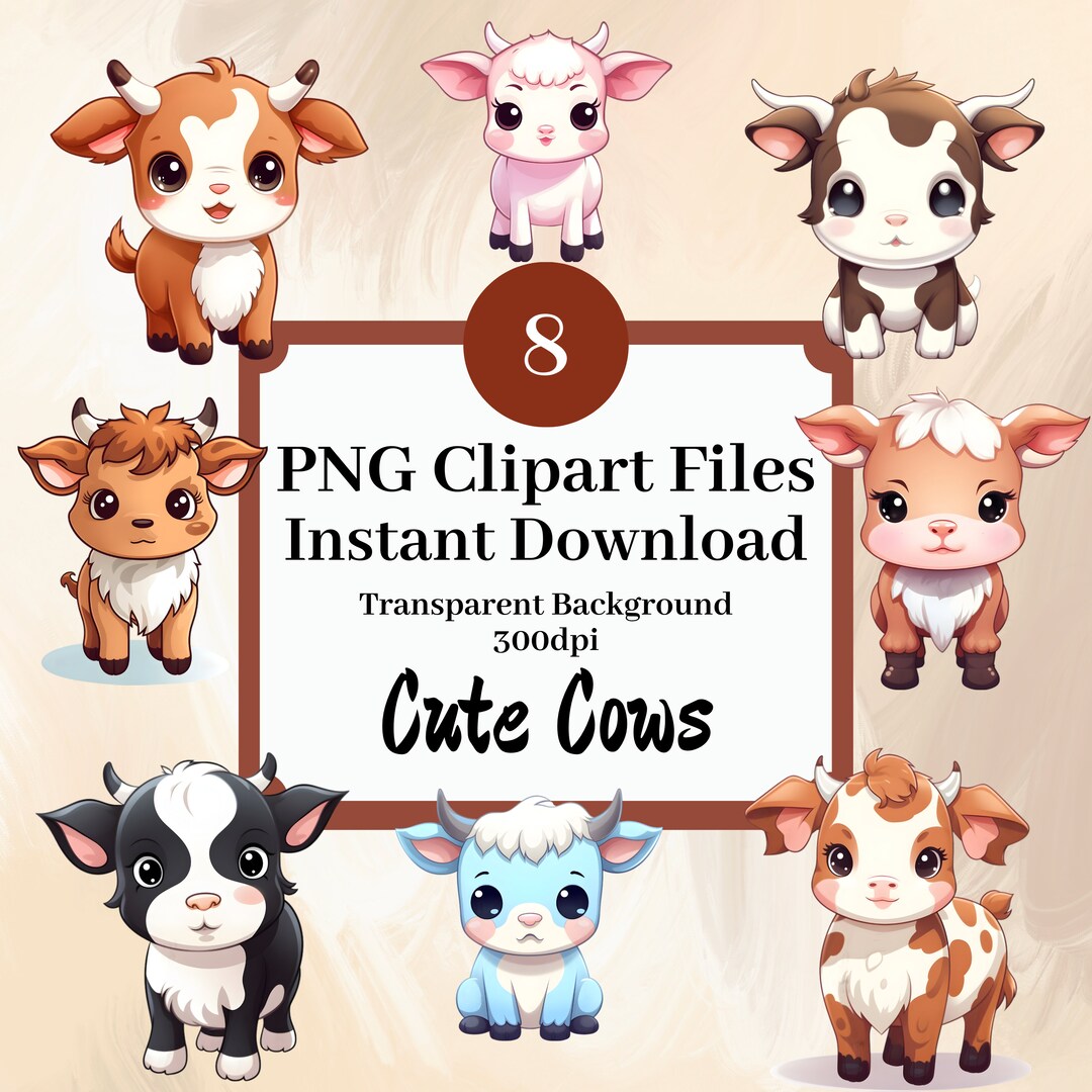 Cute Cow Clipart Set of 8 Clipart PNG Files Kawaii Cows Cute Cow ...