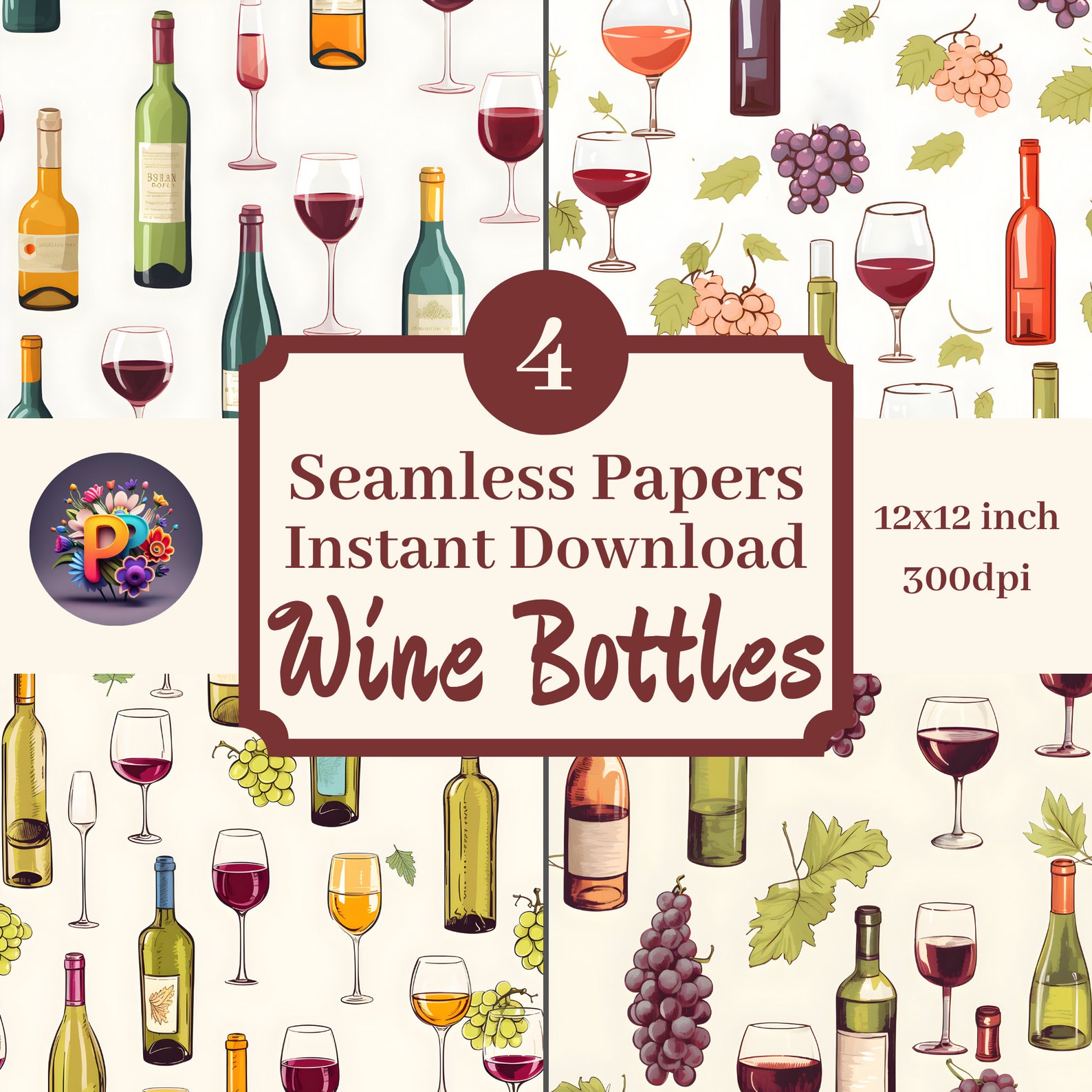 Wine Bottles Printable Background Scrapbook Papers, 12x12 Seamless ...