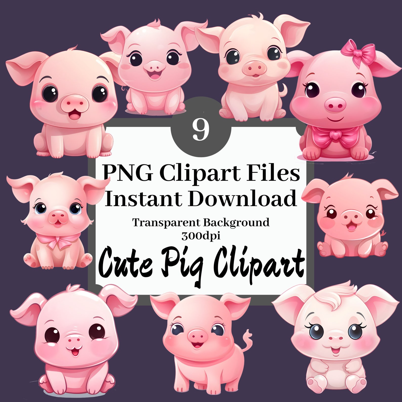 Cute Pig Clipart Set of 9 Clipart PNG Files Kawaii Pigs Pink Pig ...