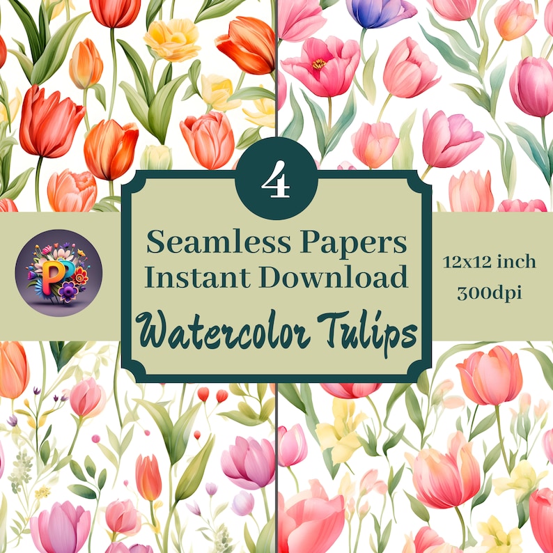 Watercolor Tulips Printable Background Scrapbook Papers 12x12 Seamless ...