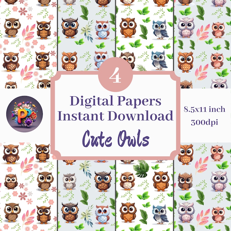 Cute Owls 8.5x11 Digital Paper, Printable Background Scrapbook Papers ...