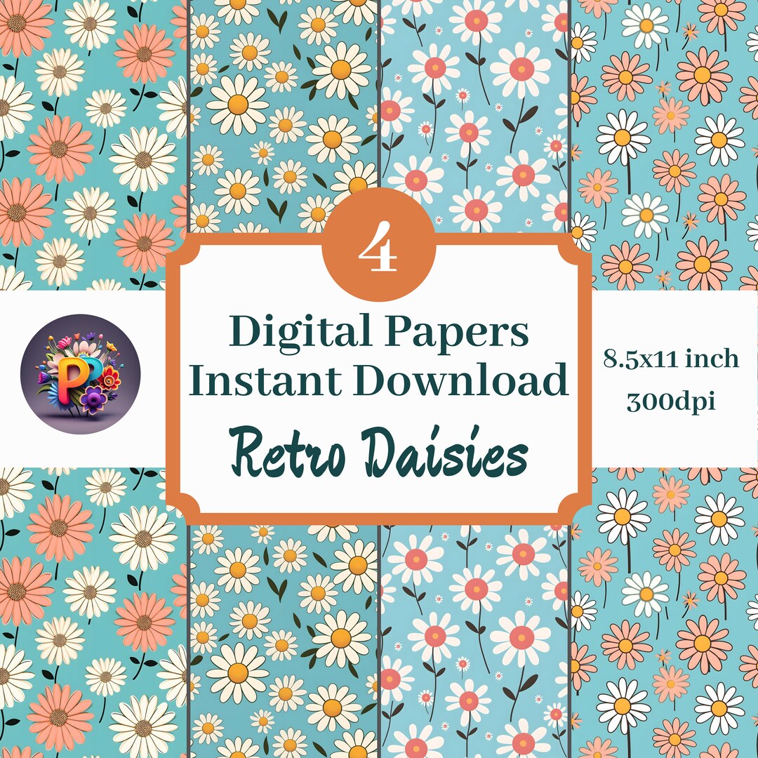 Retro Daisies Digital Paper, Printable Background Scrapbook Papers 8 ...