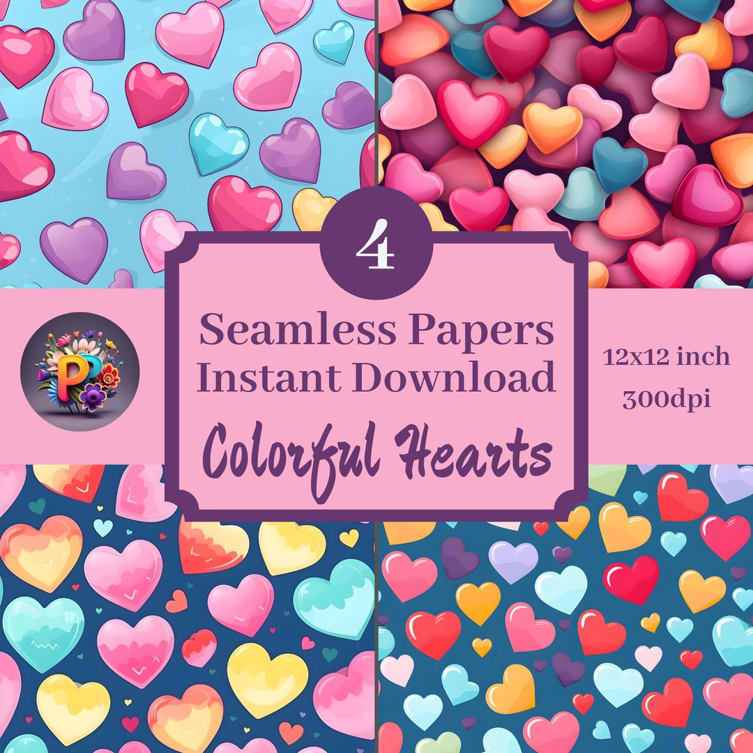 Colorful Hearts Digital Paper Printable Background Scrapbook Papers ...