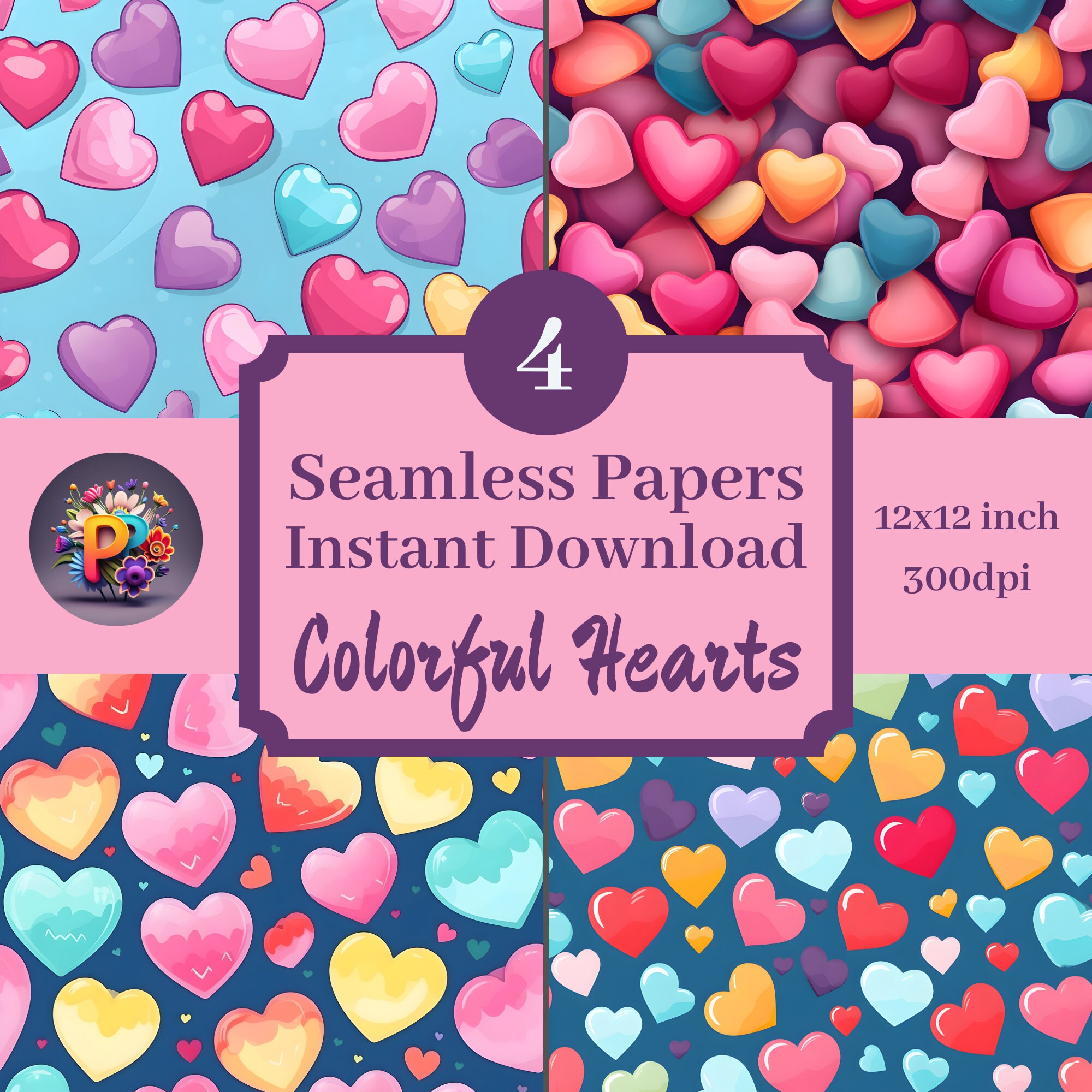 Colorful Hearts Digital Paper Printable Background Scrapbook Papers ...