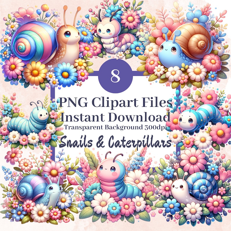 Snails and Caterpillars Clipart Bundle Set of 8 PNG Transparent ...