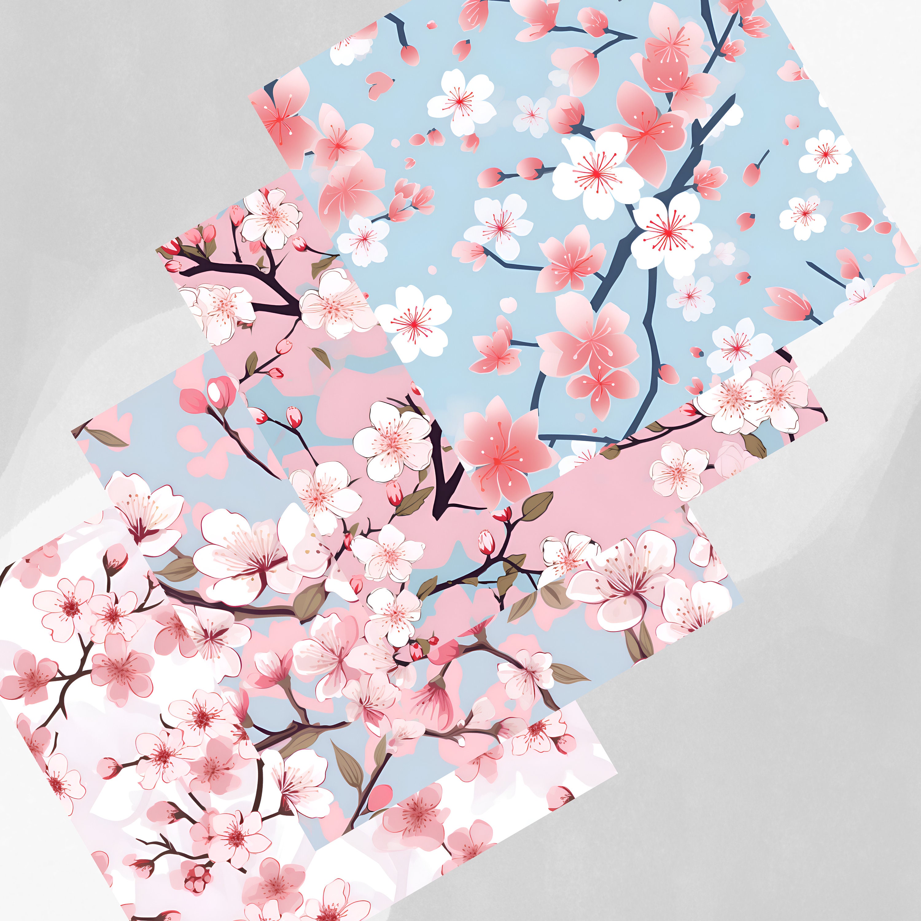 Cherry Blossoms Printable Background Scrapbook Papers 12x12 Seamless Pattern Set of 4 Instant ...