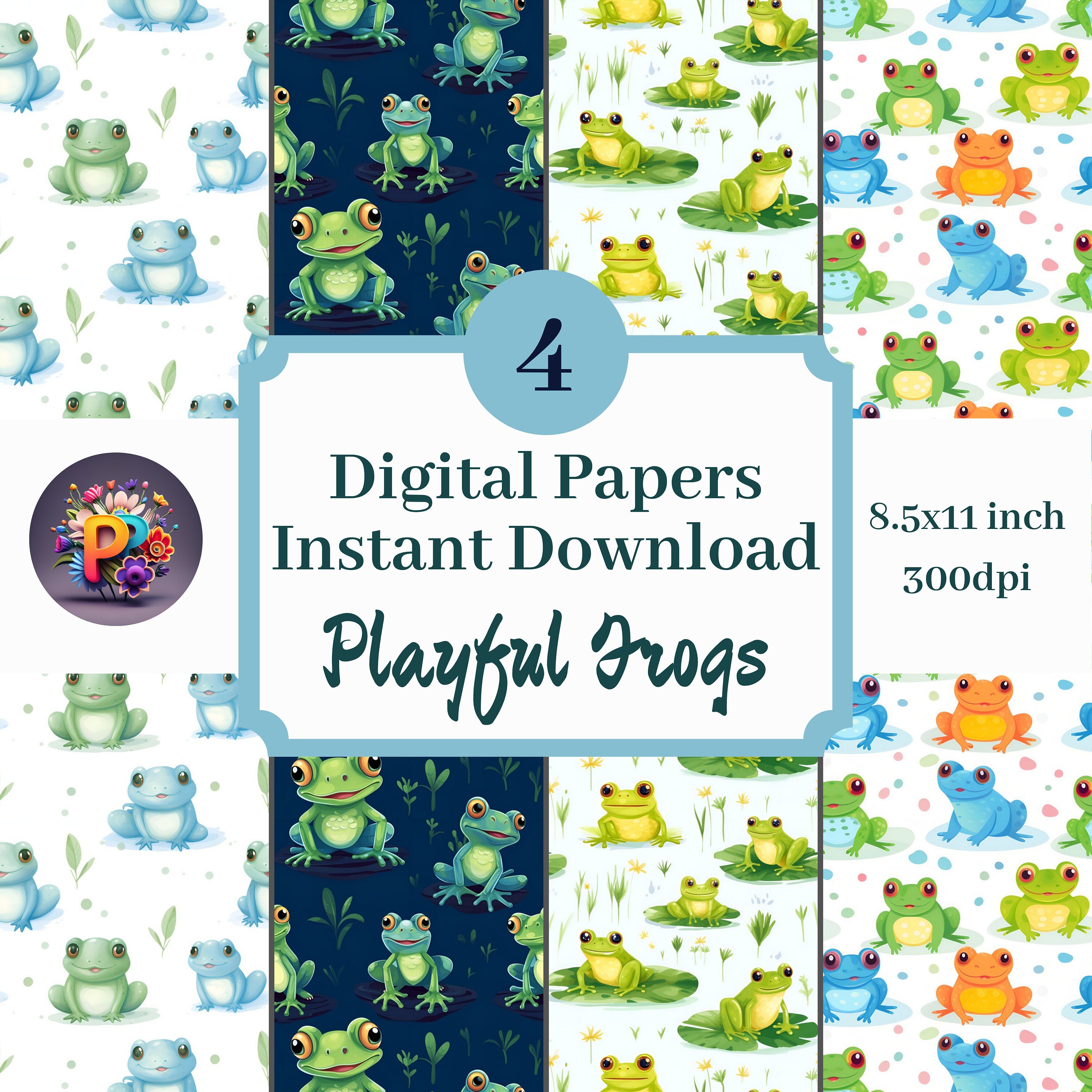 Playful Frogs Digital Paper, Printable Background Scrapbook Papers 8 ...