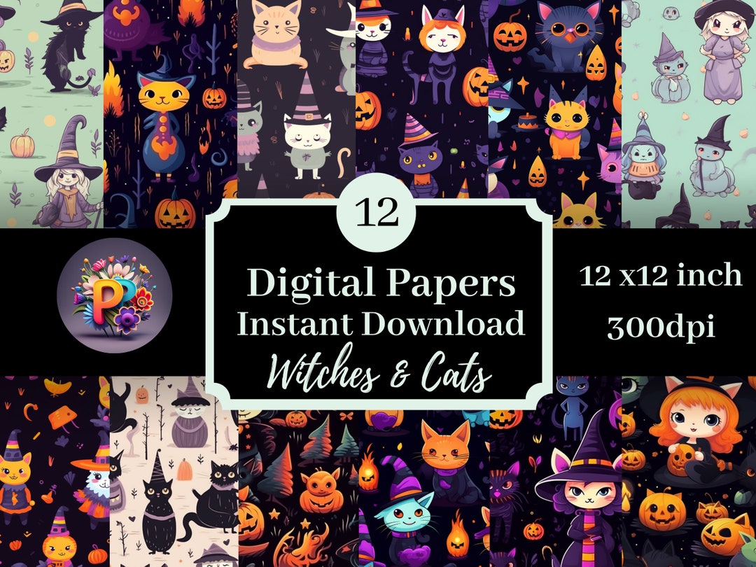 Witches & Cats Digital Paper, Printable Background, Scrapbook Papers ...