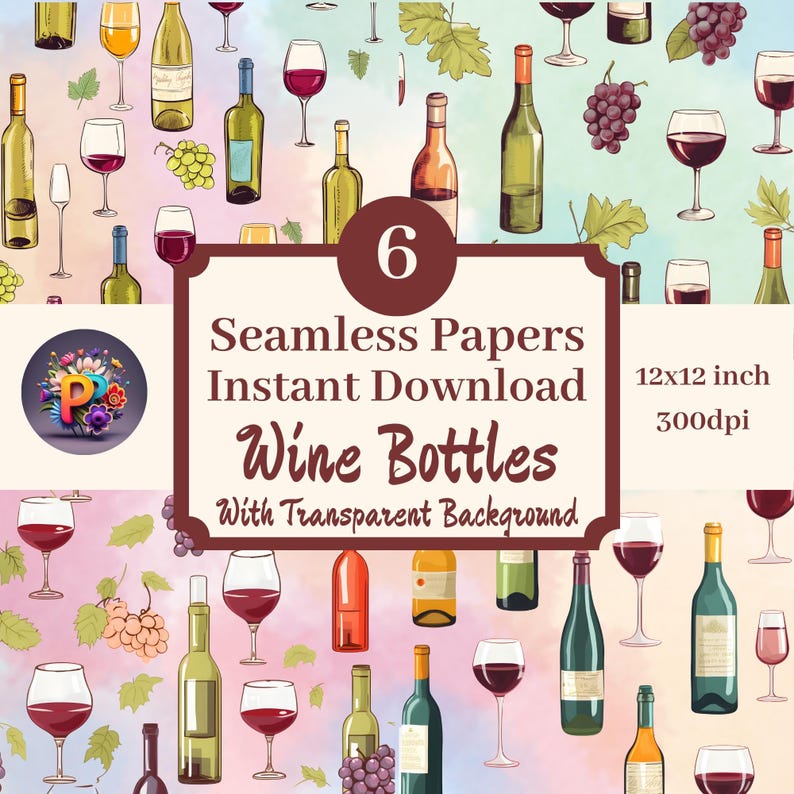 Wine Bottles Transparent Background Scrapbook Papers, 12x12 Seamless ...