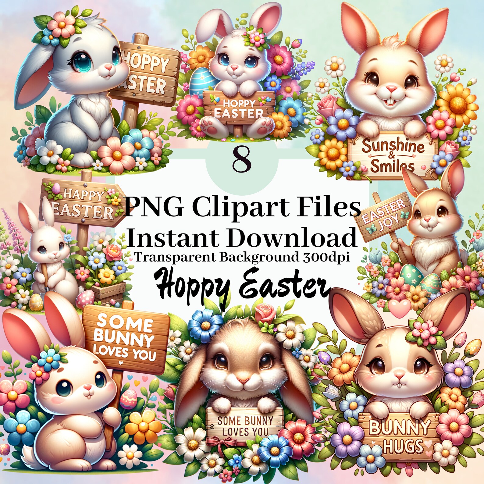 Hoppy Easter Clipart Set of 8 Clipart PNG Files Kawaii Cute Easter ...