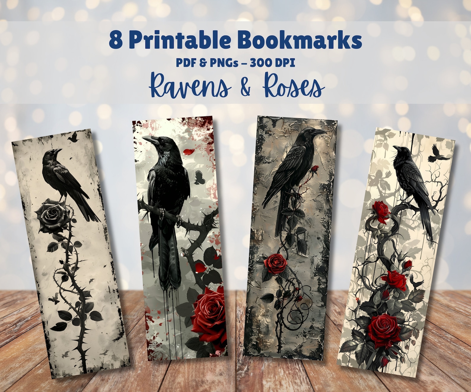 Ravens & Roses Printable Bookmarks Set of 8 Digital Download 11x8.5 PDF ...