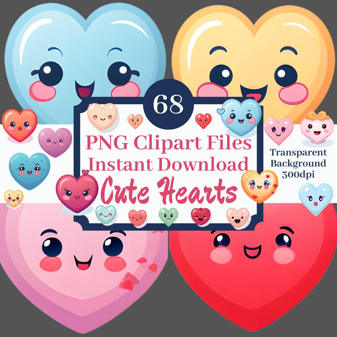 Cute Hearts Clipart Bundle Set of 68 Clipart Files Kawaii Hearts Cute ...