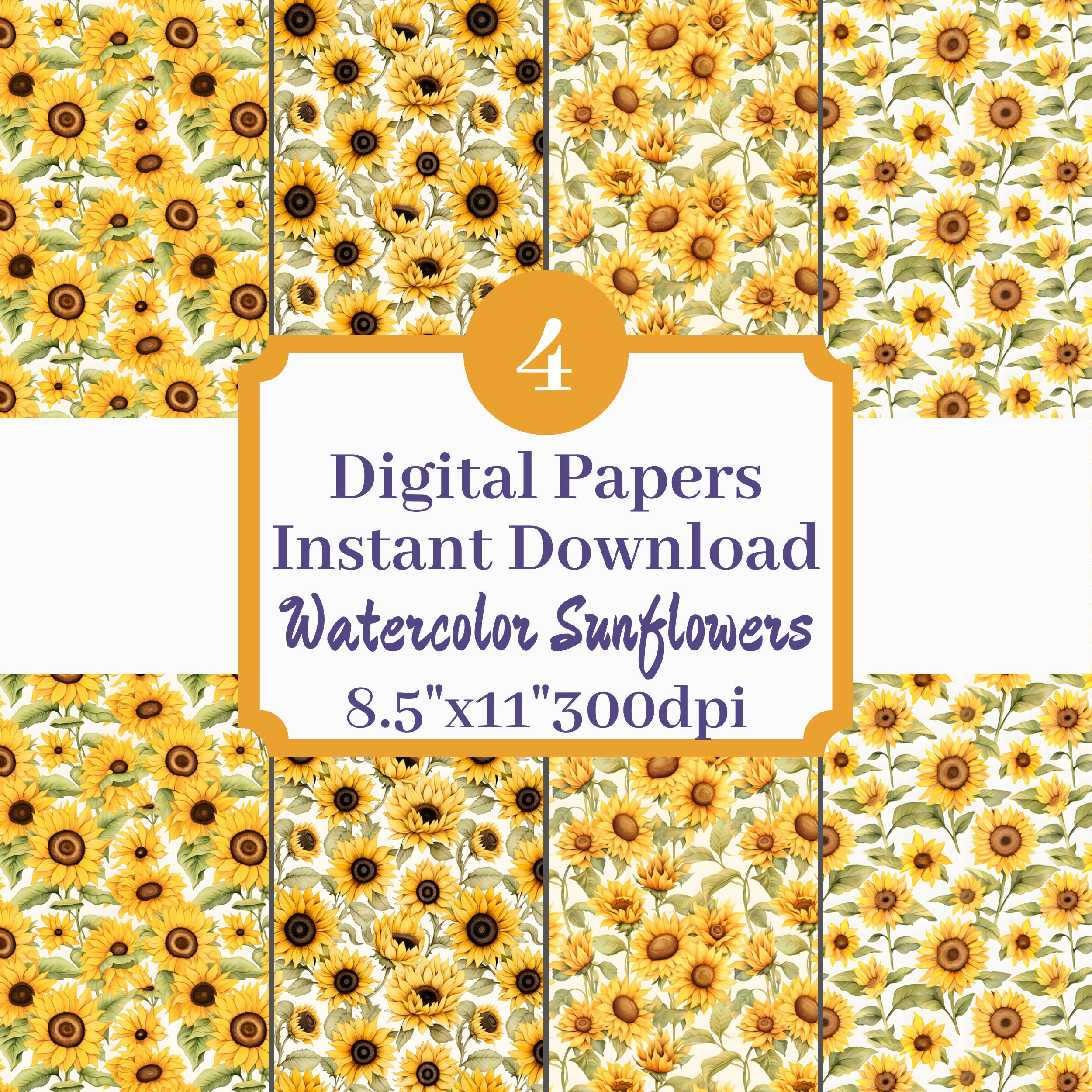 Watercolor Sunflowers 8.5x11 Repeat Pattern Digital Paper Printable ...