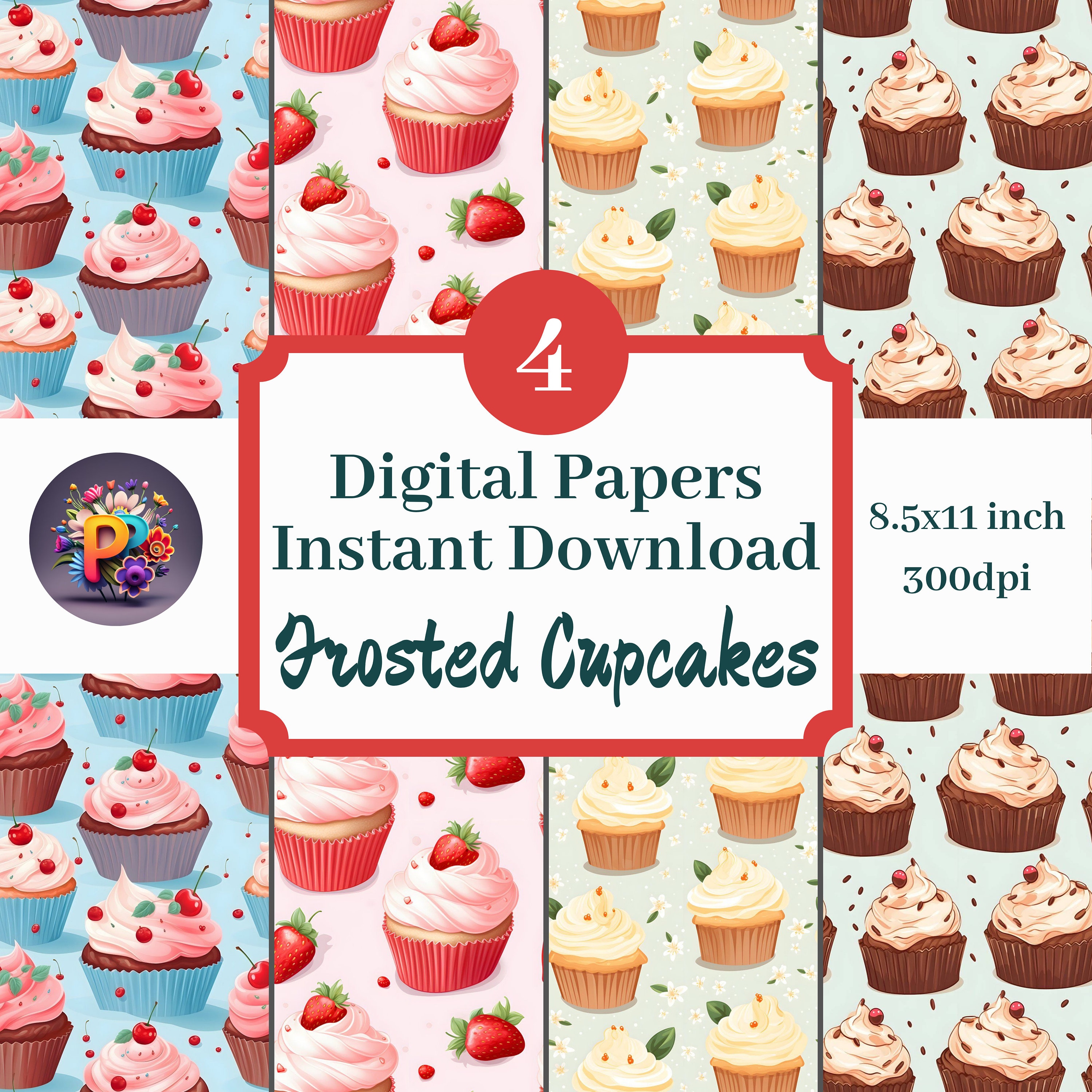 Frosted Cupcakes Digital Paper, Printable Background Scrapbook Papers 8 ...