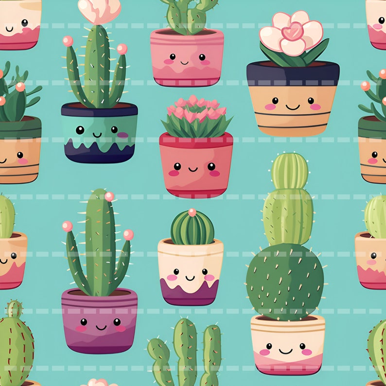 Cute Cactus Pots Printable Background Scrapbook Papers, 12x12 Seamless ...