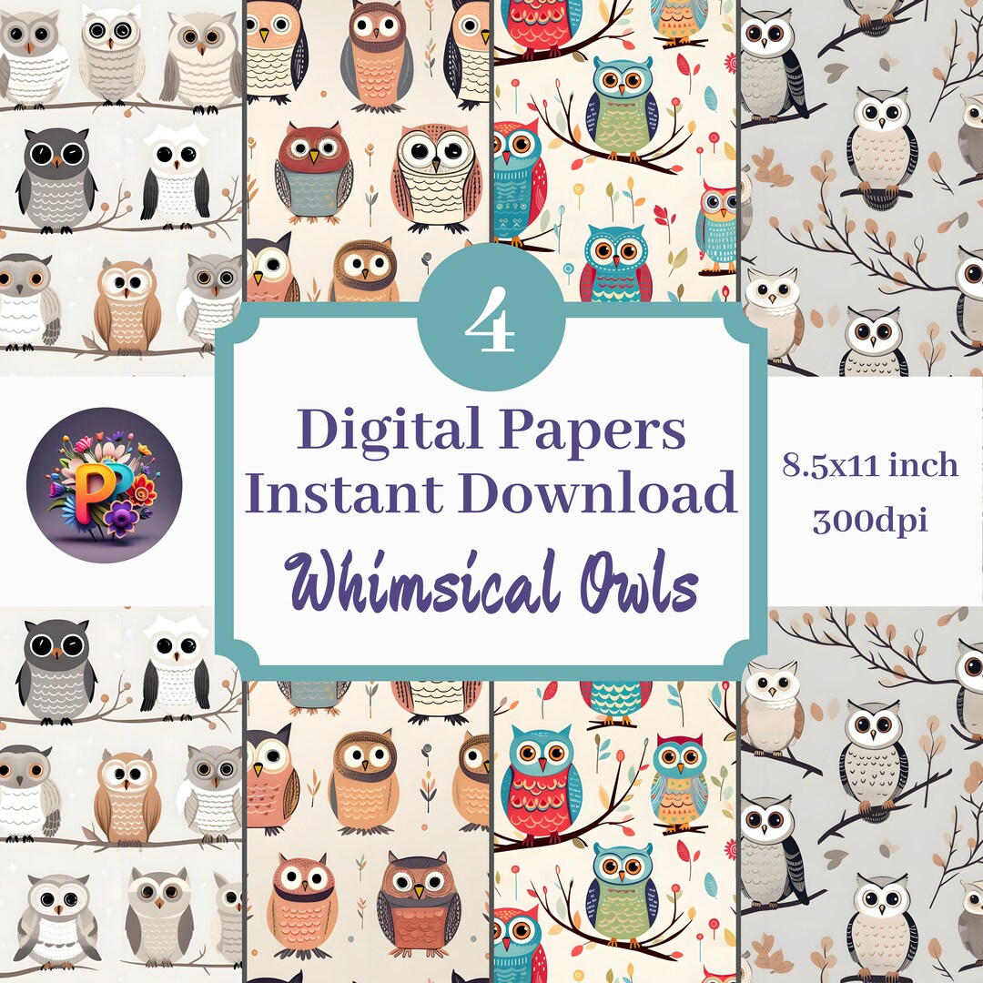 Whimsical Owls 8.5x11 Digital Paper, Printable Background Scrapbook ...