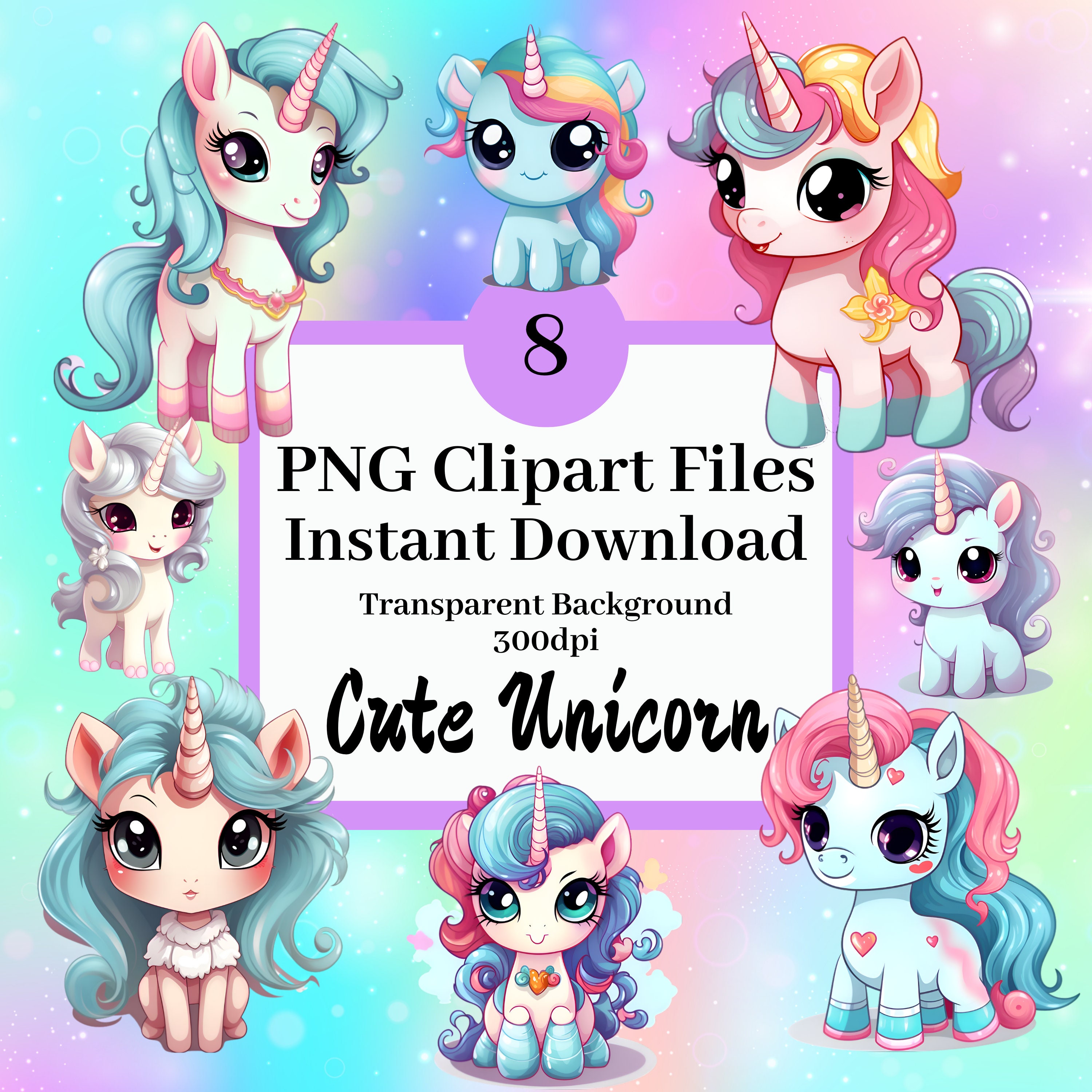 Cute Unicorn Clipart Set of 8 Clipart PNG Files Kawaii Unicorns ...