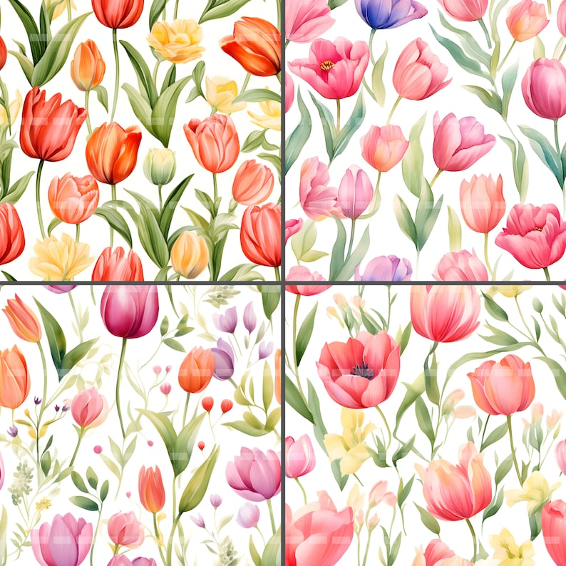 Watercolor Tulips Printable Background Scrapbook Papers 12x12 Seamless ...