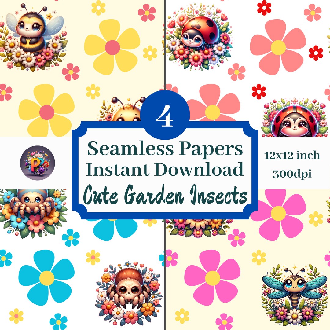 Cute Garden Insects 12x12 Digital Paper Printable Background Scrapbook ...