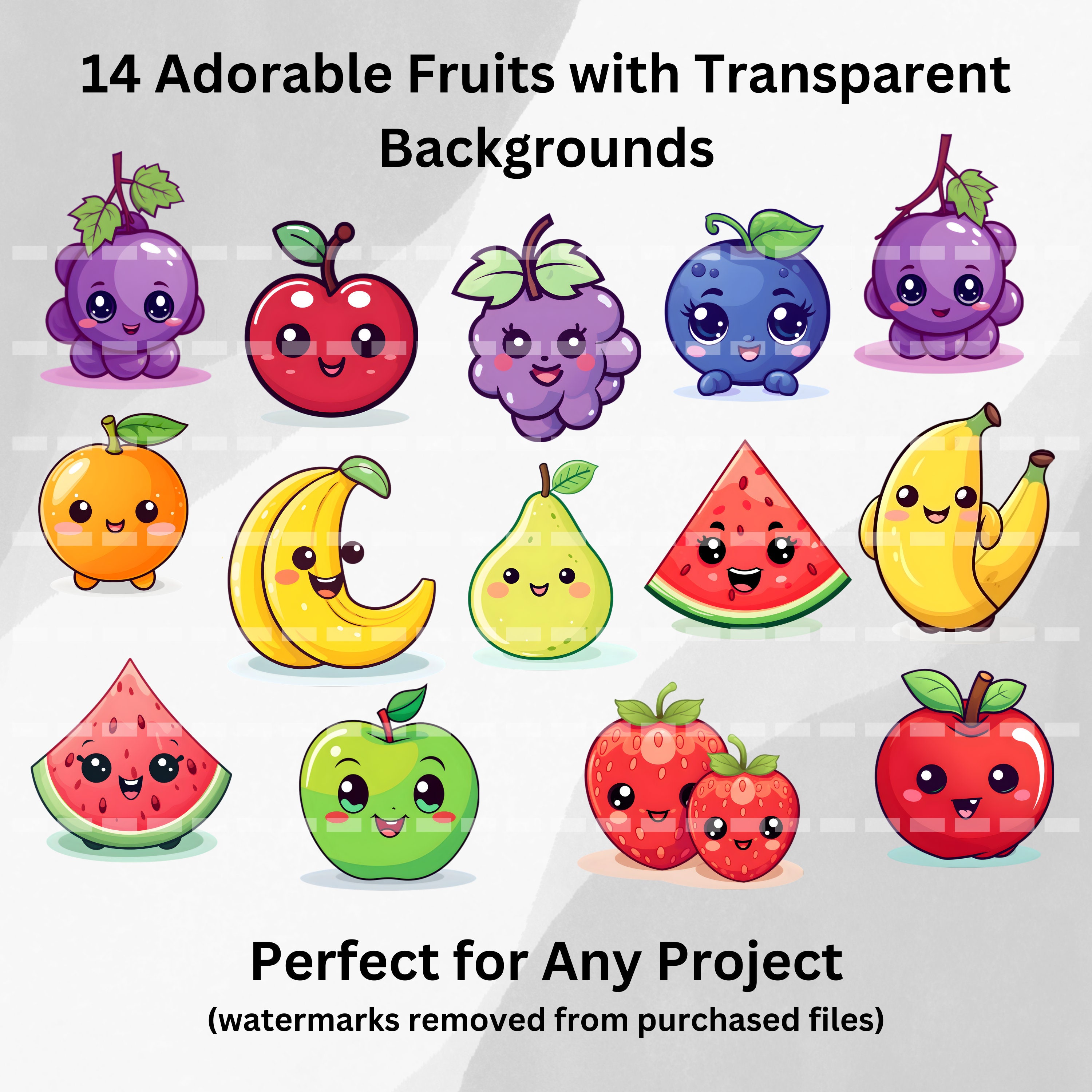 Cute Fruit Clipart Set of 14 Clipart Files Kawaii Fruit Banana Grapes ...