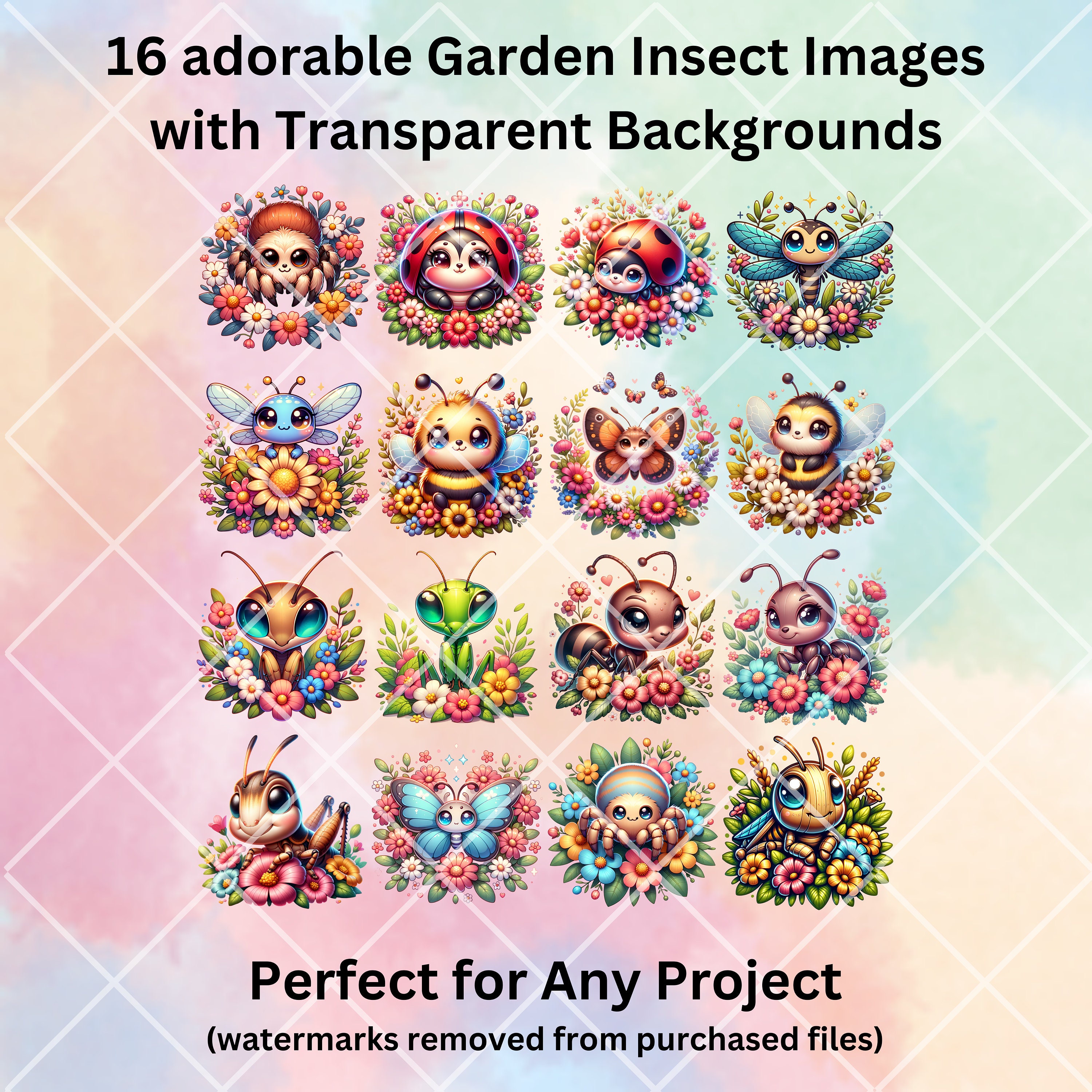 Cute Garden Insects Clipart Set of 16 Clipart PNG Files Kawaii Bug ...