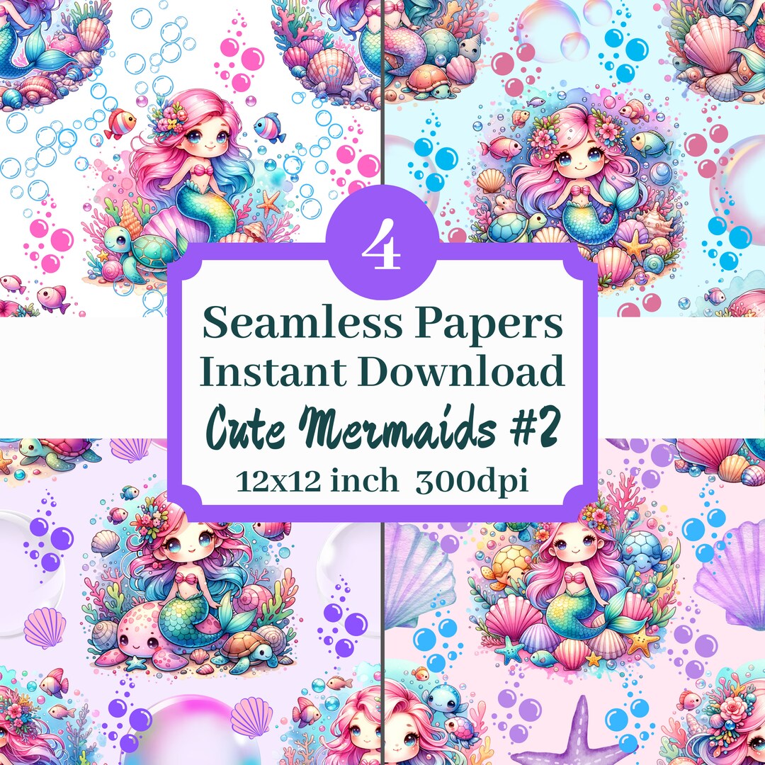 Cute Mermaids #2 12x12 Seamless Pattern Digital Paper Printable ...