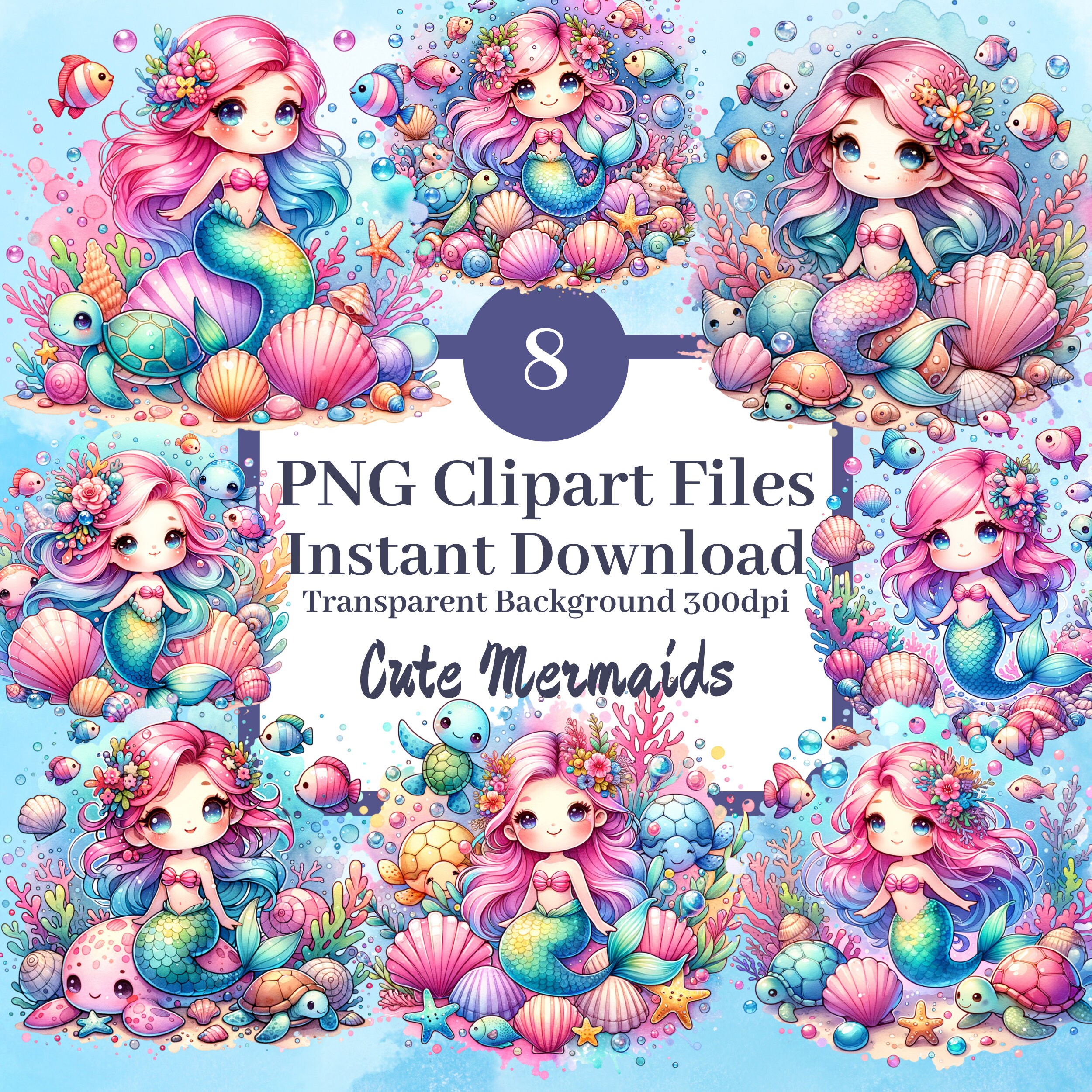 Cute Mermaids Clipart Bundle Set of 8 PNG Transparent Background Files ...