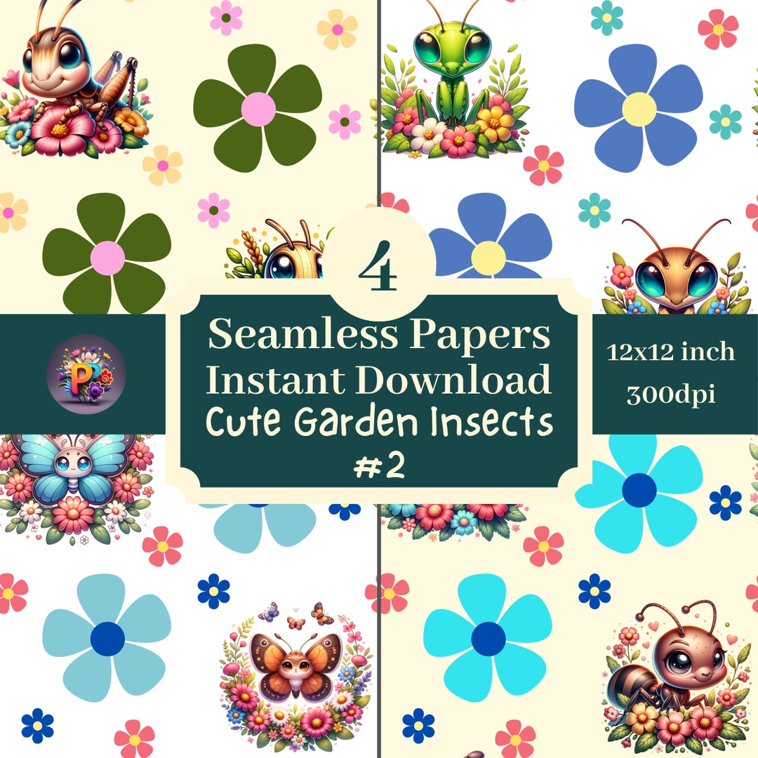 Cute Garden Insects 12x12 Digital Paper Printable Background Scrapbook ...