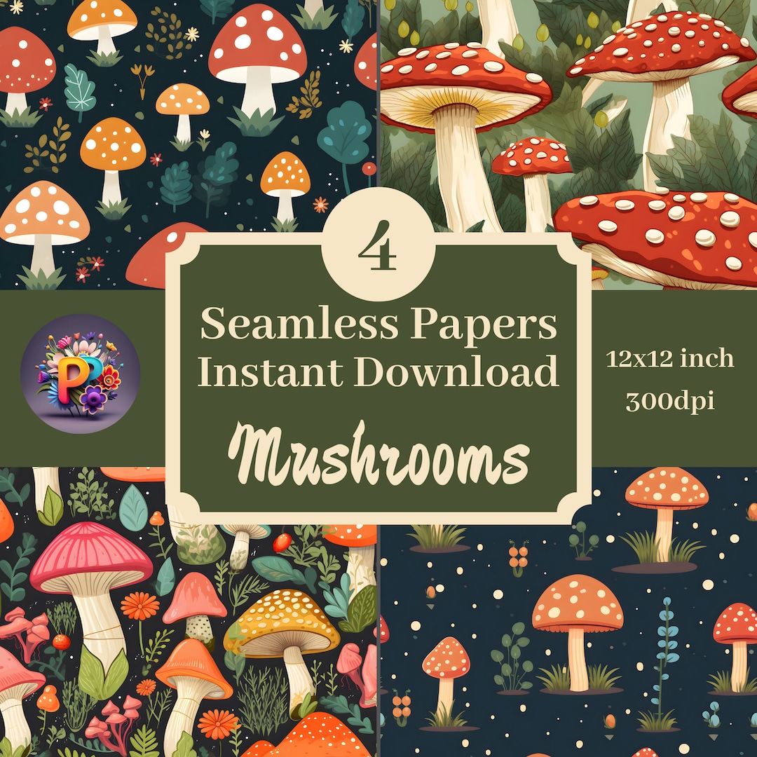 Mushrooms Printable Background Scrapbook Papers, 12x12 Seamless Pattern ...