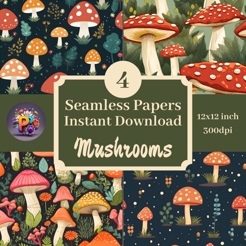 Mushrooms Printable Background Scrapbook Papers, 12x12 Seamless Pattern ...