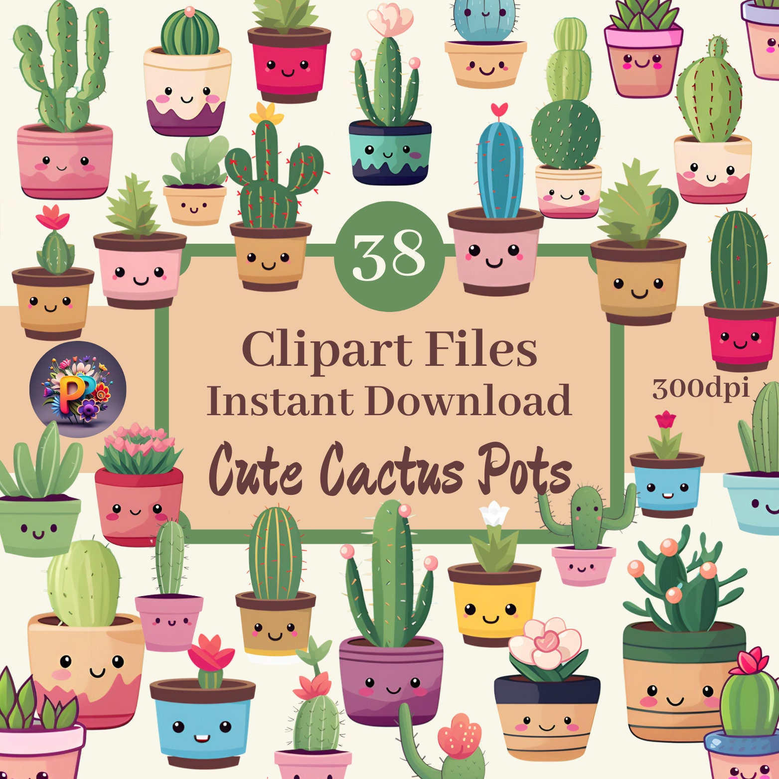 Cute Cactus Pots Clipart Bundle Set of 38 Clipart Files, Kawaii Cactus ...