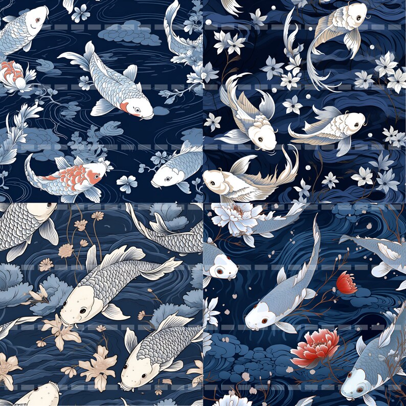 Koi Fish Digital Paper Blue & Silver Theme Printable Background ...