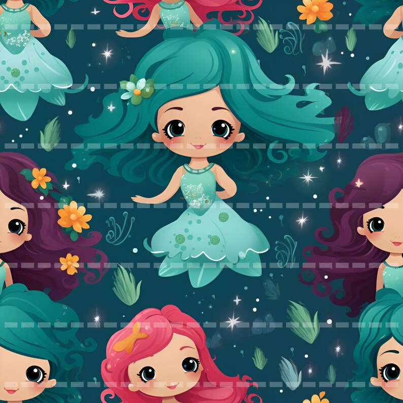 Cute Mermaids Printable Background Scrapbook Papers, 12x12 Seamless JPG ...