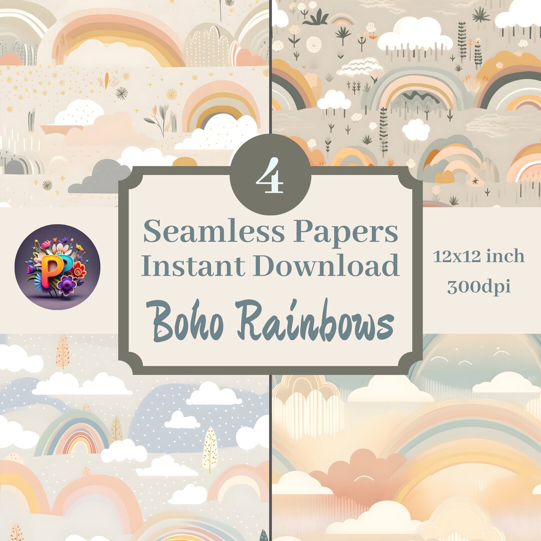 Boho Rainbows Printable Background Scrapbook Papers, 12x12 Seamless ...