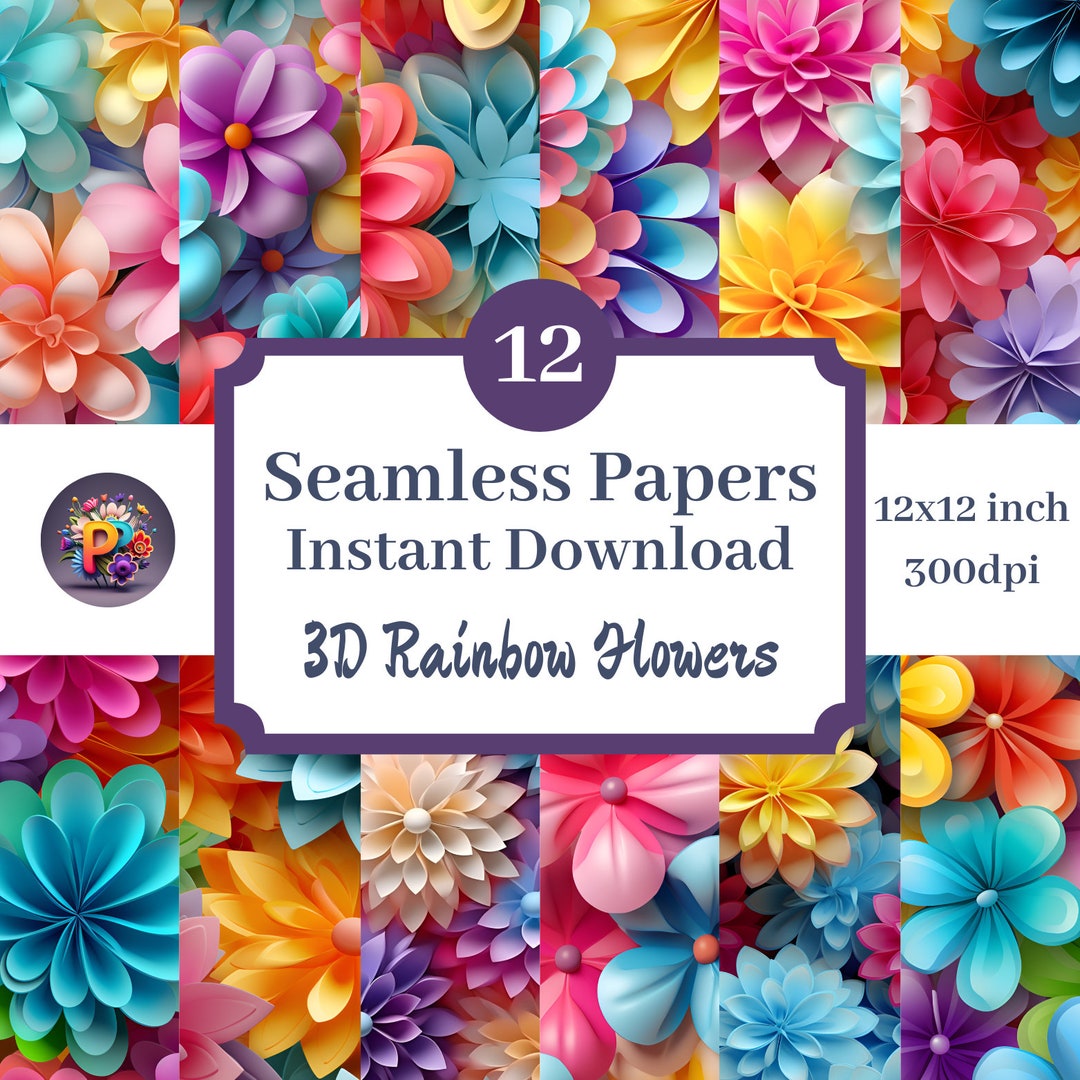 3D Rainbow Flowers Digital Paper, Printable Background Scrapbook Papers ...