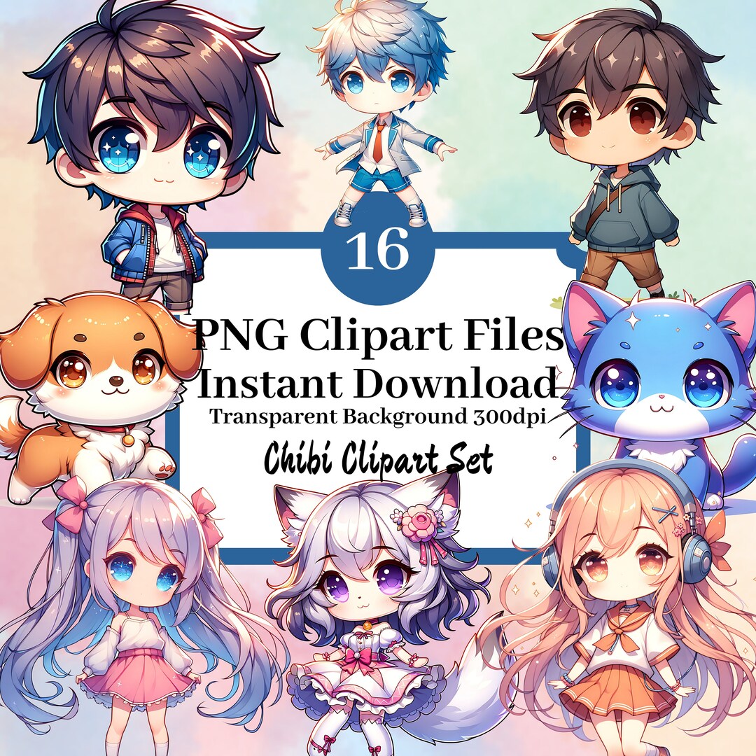 Chibi Clipart Bundle Set of 8 Adorable Anime Clipart PNG Files Digital ...