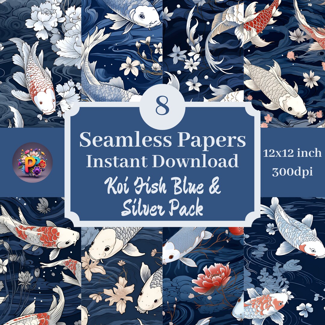 Koi Fish Digital Paper Blue & Silver Theme Printable Background ...