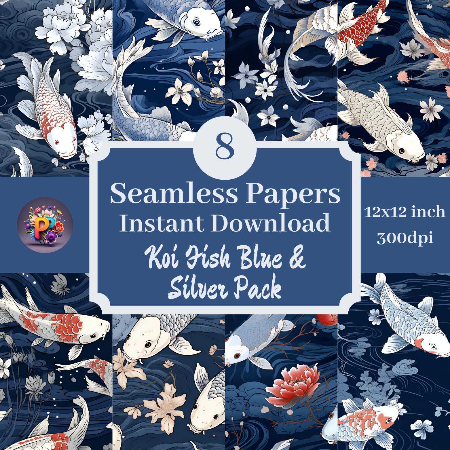 Koi Fish Digital Paper Blue & Silver Theme Printable Background ...